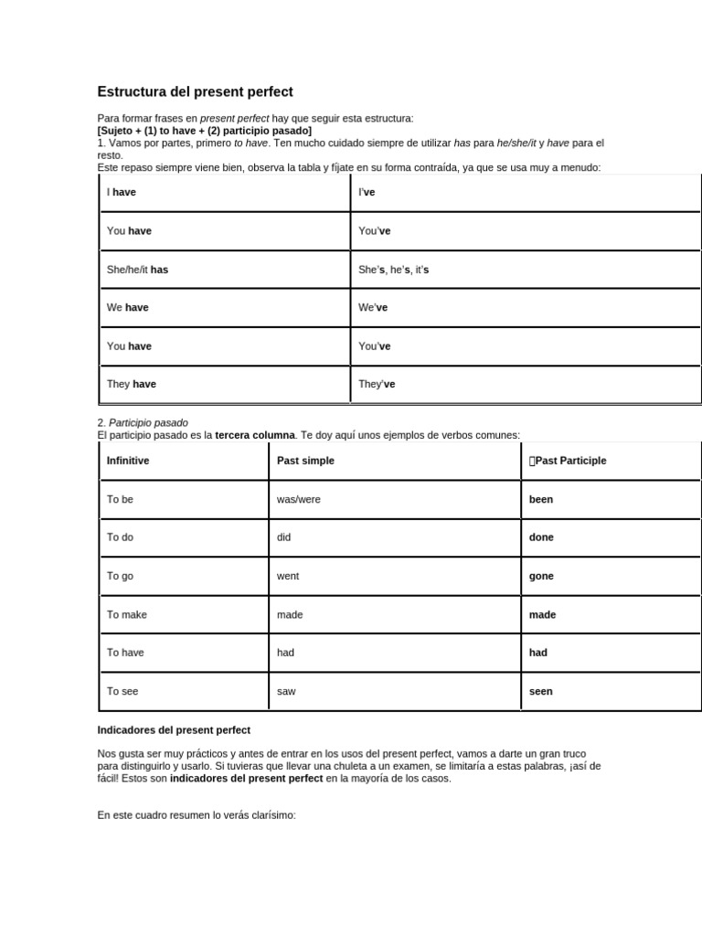 Estructura del Present Perfect Simple | PDF | Gramática | Mecánica del lenguaje
