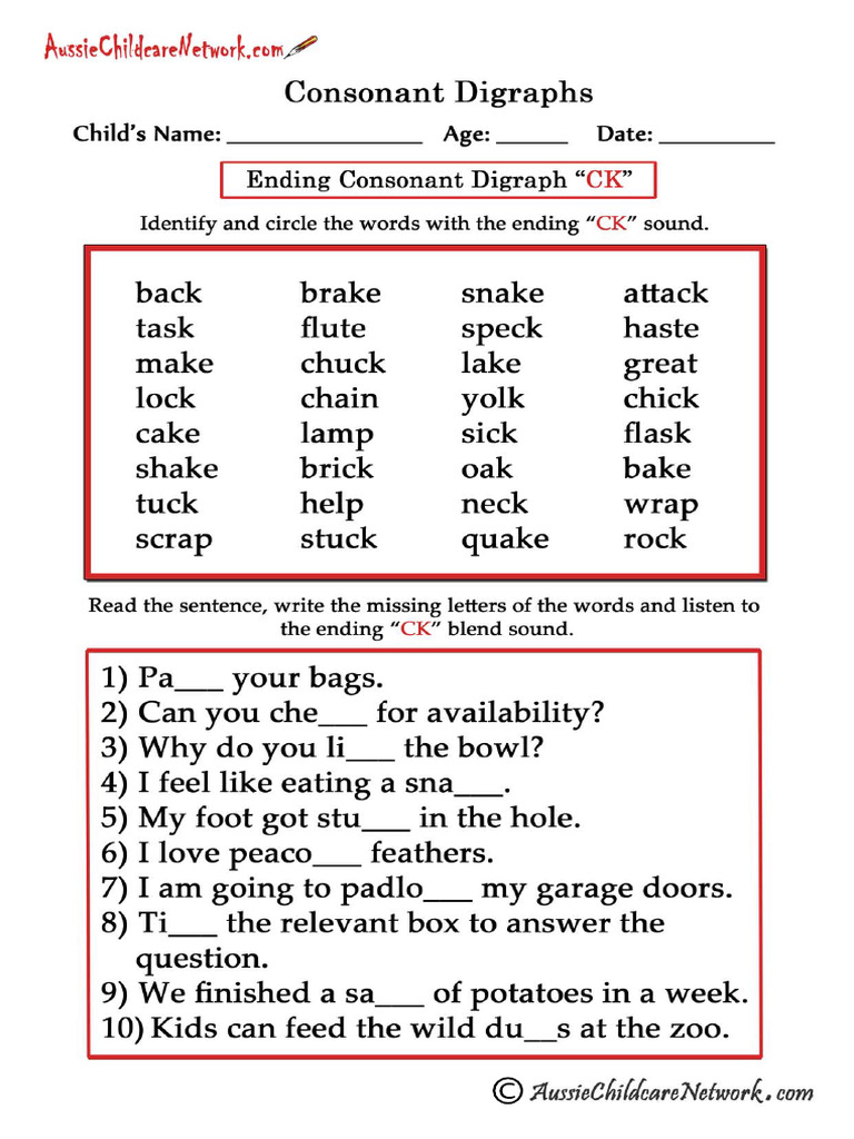 consonant_digraphs_worksheets_ending_ck | PDF