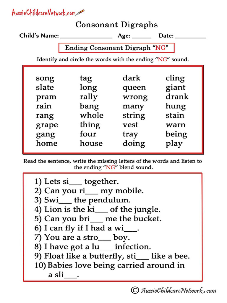 Consonant Digraphs Worksheets Ending NG | PDF