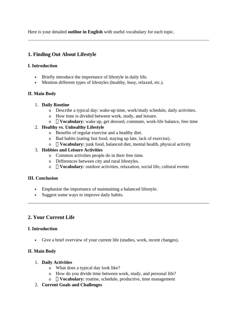 Here is your detailed outline in English with useful vocabulary for ...