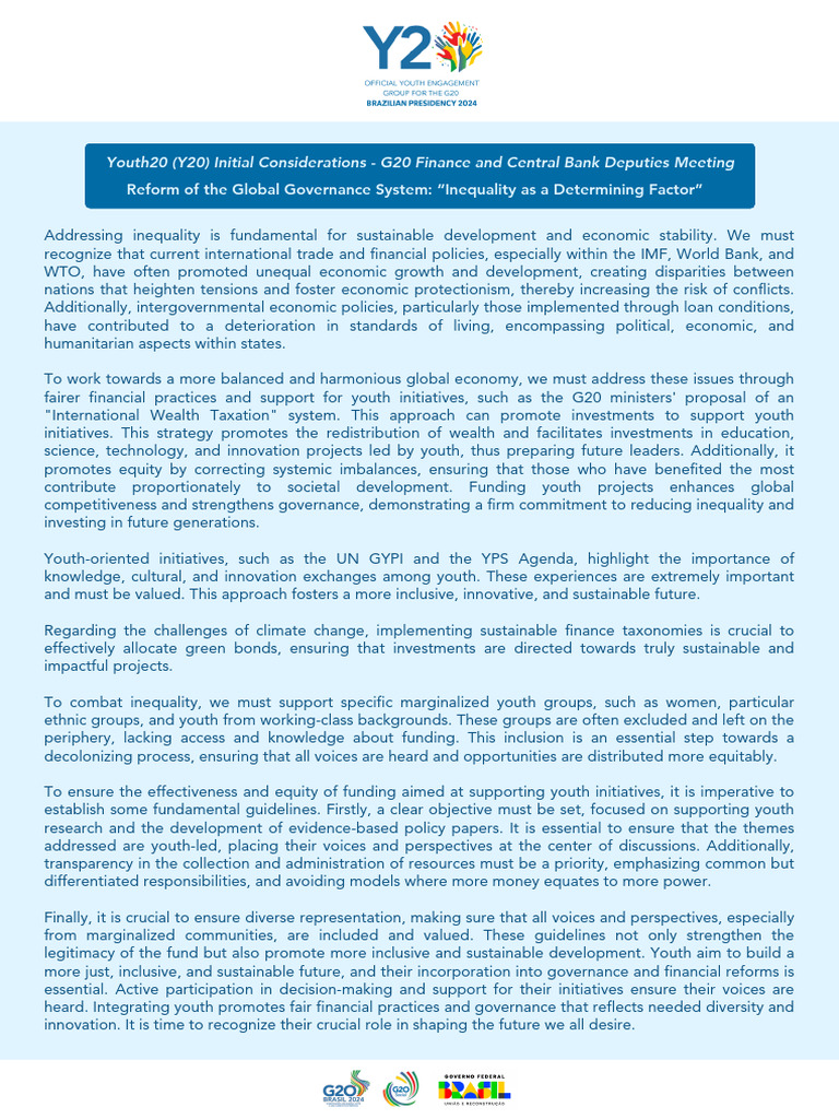 Y20 Policy Brief - Social G20 Session 4th FCBD Meeting | PDF | Sustainability | Economic Inequality