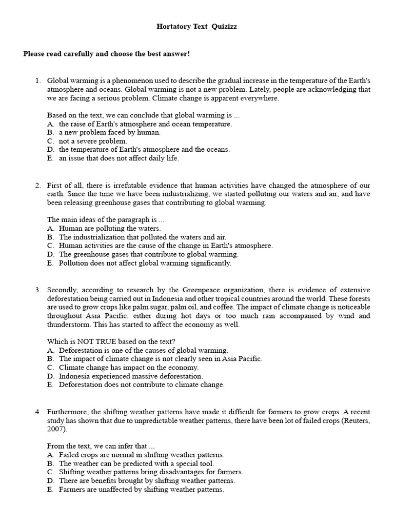 Hortatory Text Grade 10-Quiz | PDF | Climate Change | Earth