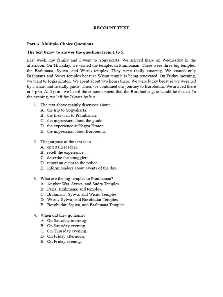 Recount Text Exercises Grade X | PDF