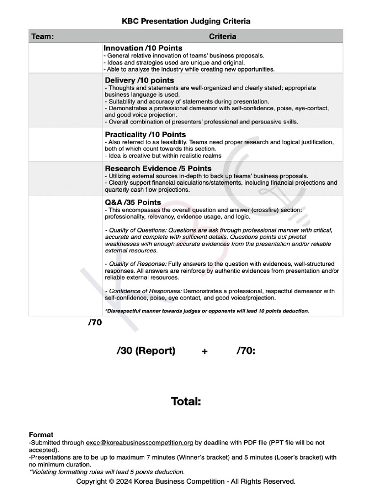KBC 2024 Presentation & Report Rubric | PDF