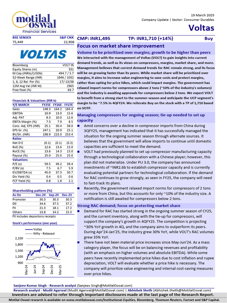 Motilal_Oswal_sees_14%_UPSIDE_in_Voltas_Focus_on_market_share_improvement | PDF | Balance Sheet ...