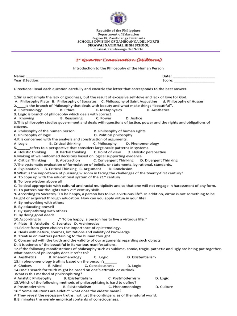 Ntroduction To The Philosophy 1st Quarter Exam ARRANGE | PDF | Truth ...
