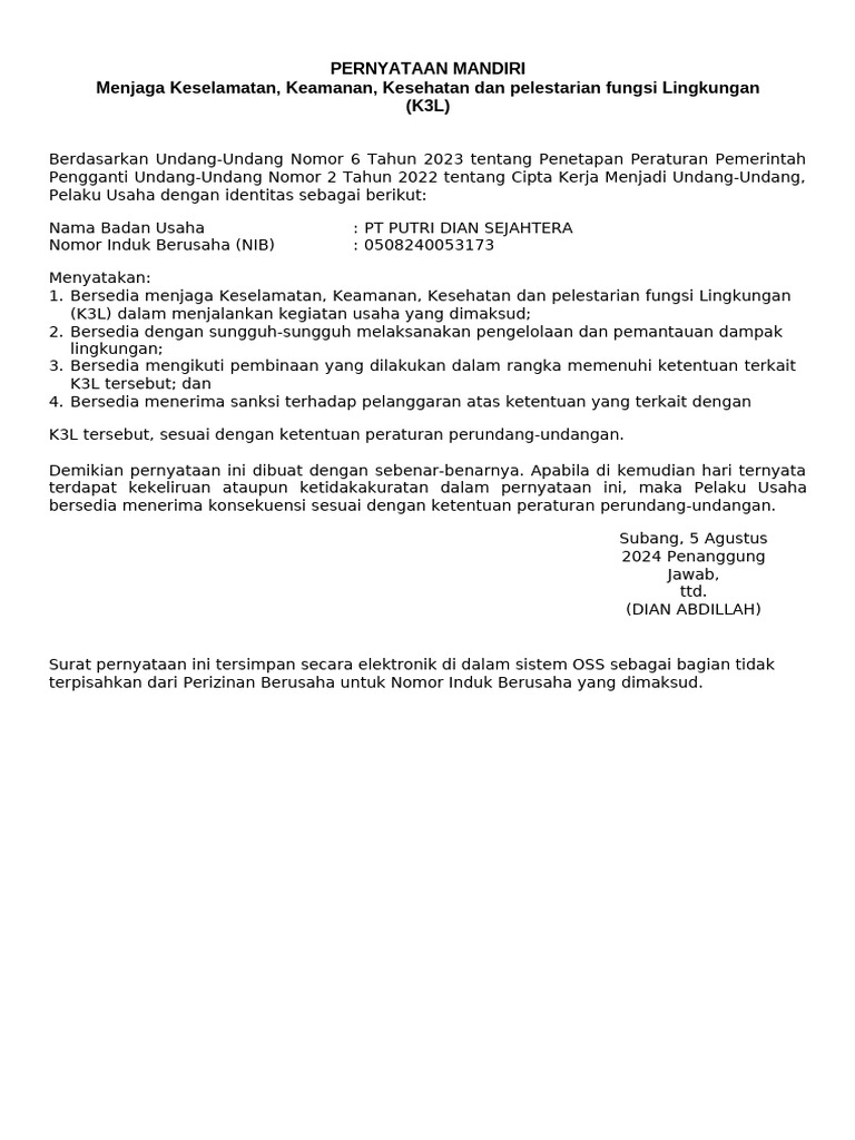 Pernyataan mandiri k3L | PDF