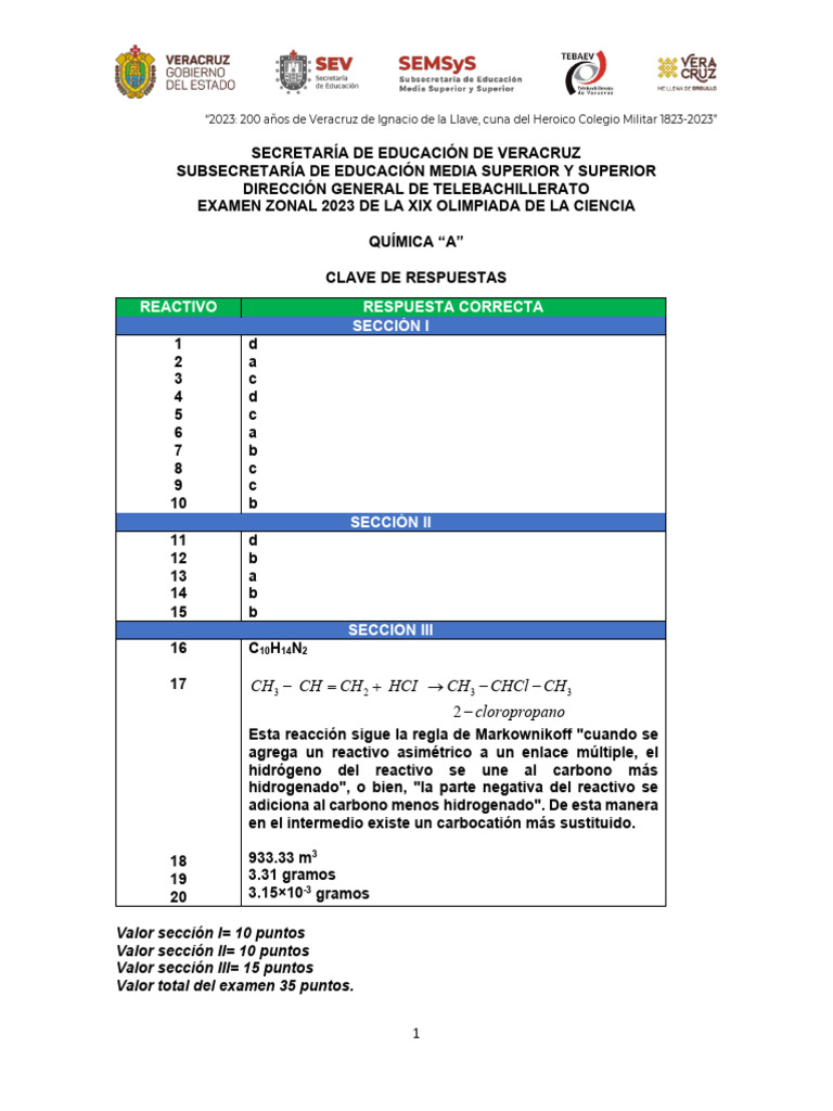 Clave Zonal Química A 2023 | PDF