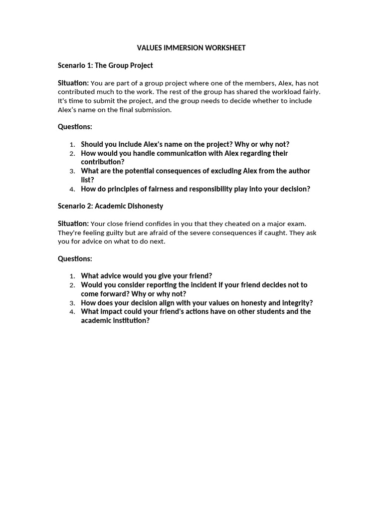 Values Immersion Worksheet | PDF