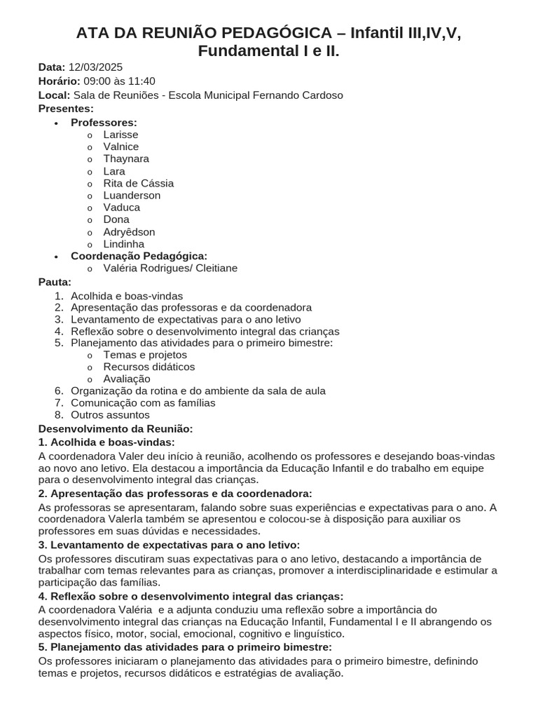 Modelo de Ata de Reunião Pedagógica | PDF | Pedagogia | Pré-escola