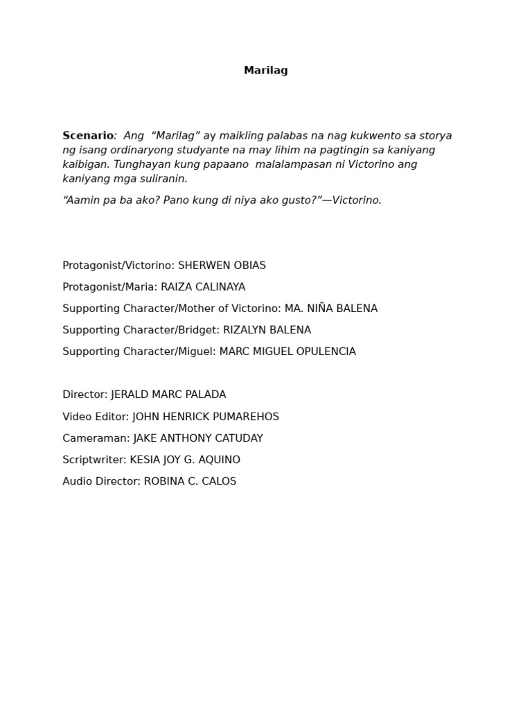 Marilag (Story Script For Filming) | PDF