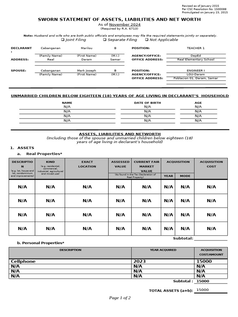Statement of Assets and Liabilities SALN Form Revised January 2015 ...