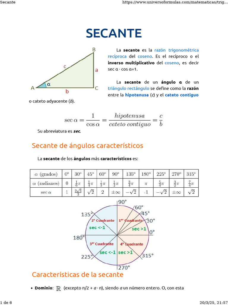 Definición y características de la secante | PDF | Trigonometría ...