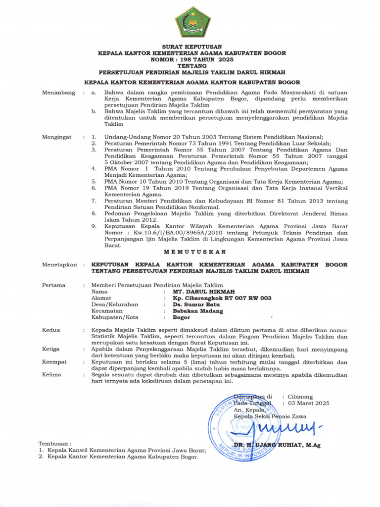 Ijin Operasional MT Darul Hikmah | PDF