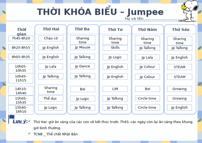 Thời Khóa Biểu Jumpee a1 2024-2025 | PDF