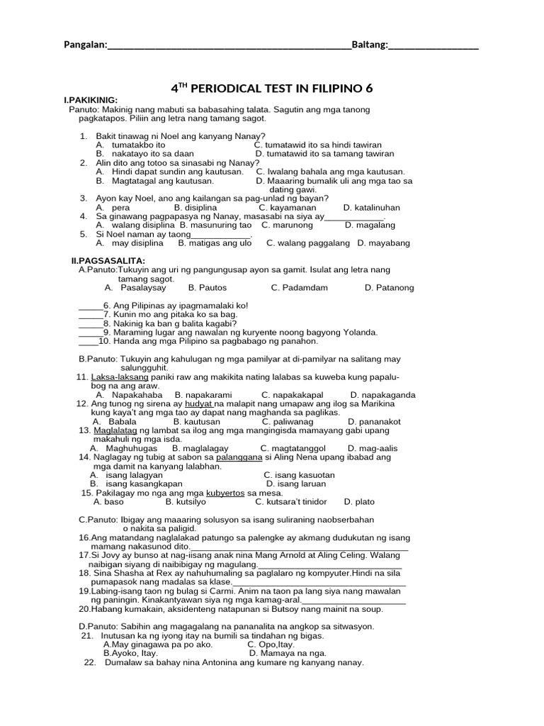 PT_FILIPINO 6 - Q4 V1 | PDF