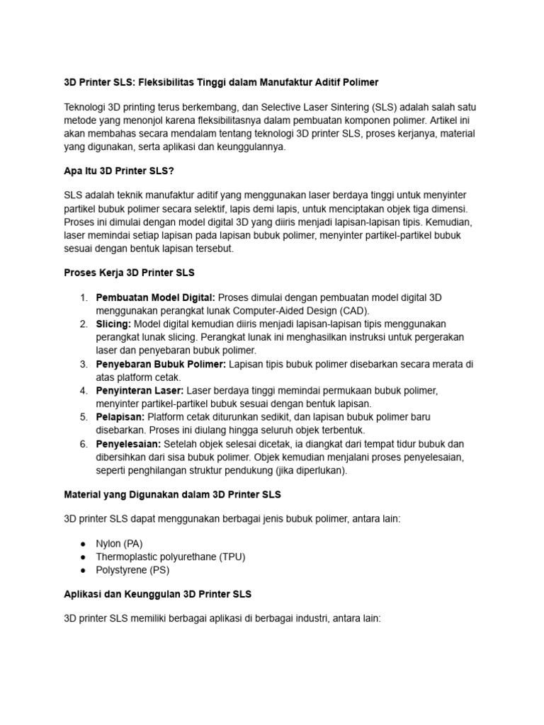 3D Printer SLS - Fleksibilitas Tinggi Dalam Manufaktur Aditif Polimer | PDF