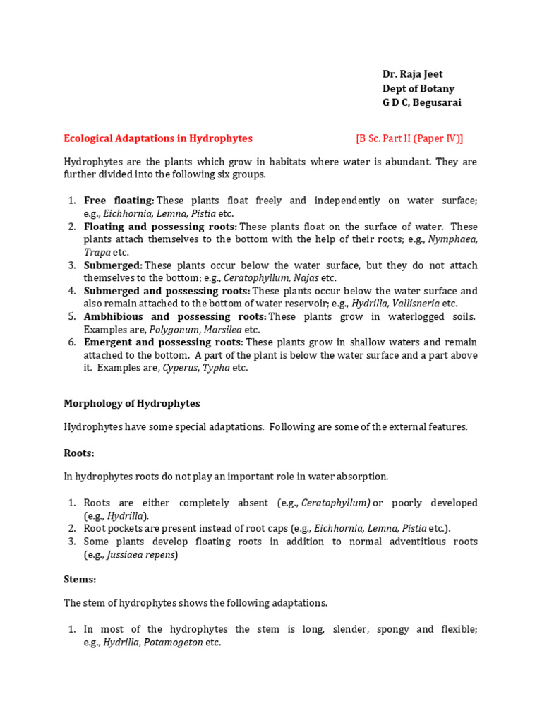 Ecological Adaptations in Hydrophytes | PDF | Tissue (Biology) | Leaf