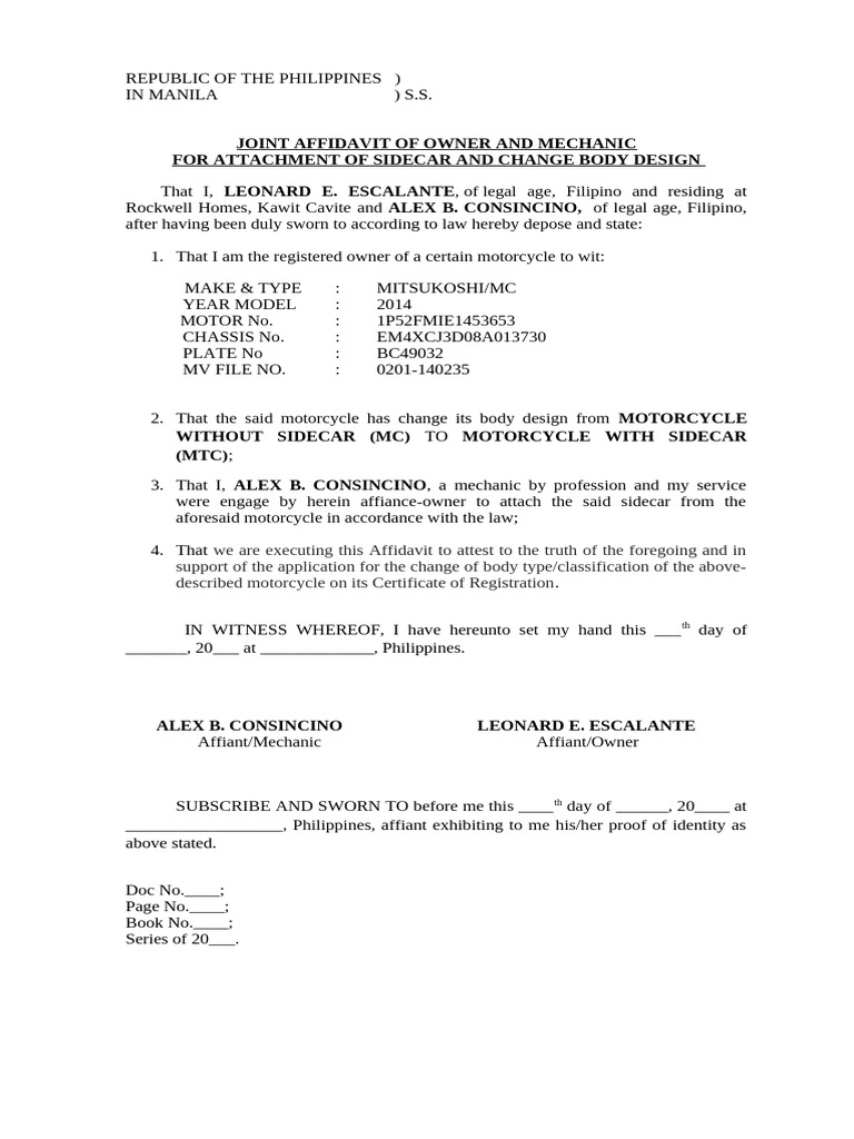 Joint Affidavit of Owner and Mechanic For ATTACHEMENT OF A SIDECAR ...
