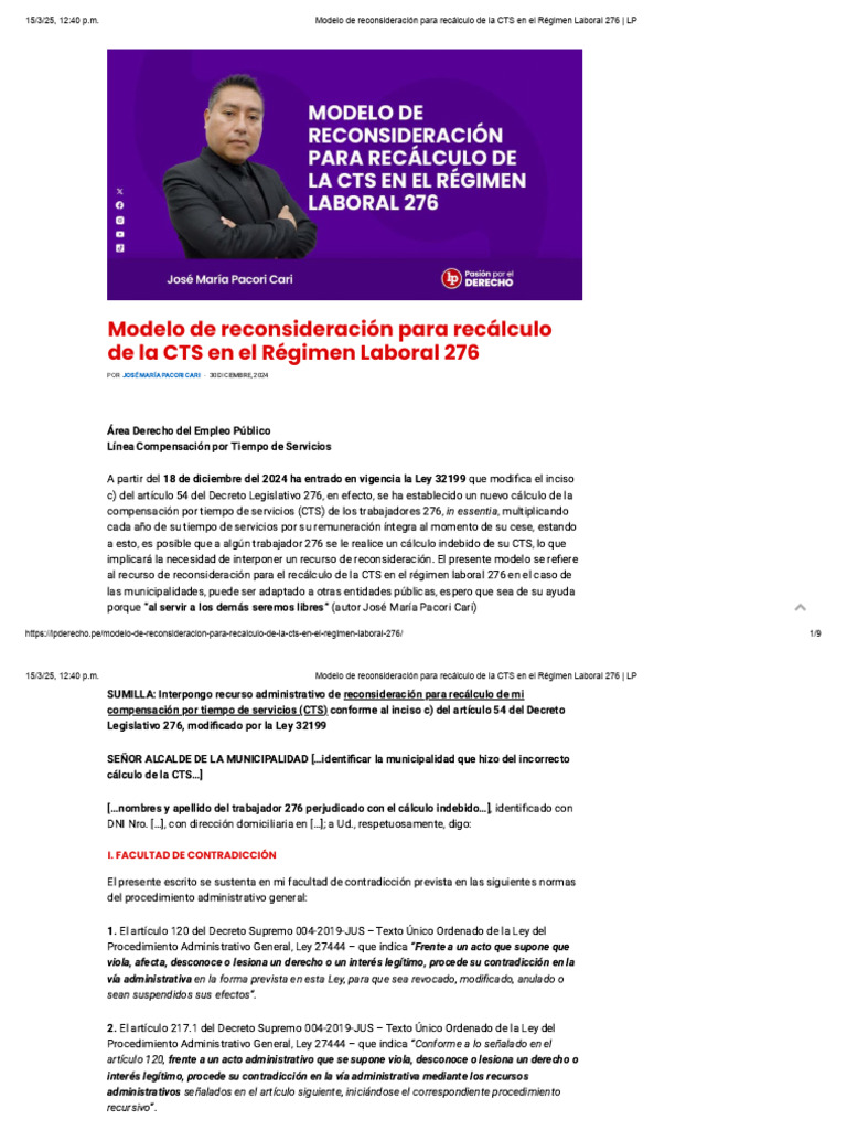 Modelo de Reconsideración para Recálculo de La CTS en El Régimen Laboral 276 - LP | PDF ...