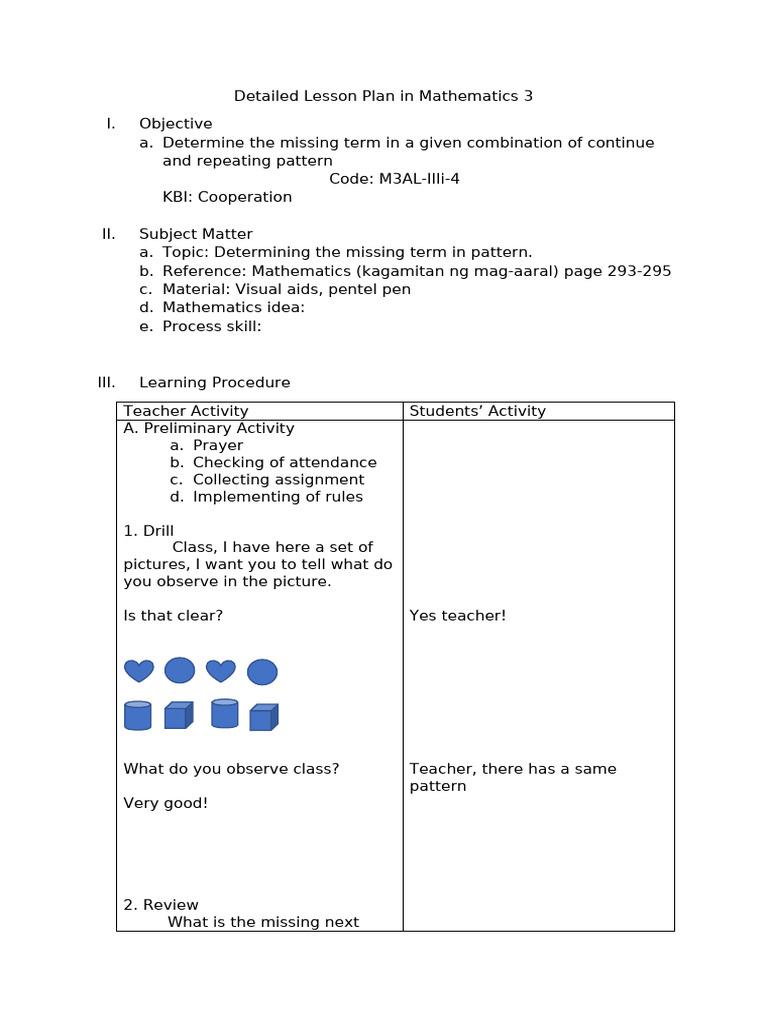 Detailed Lesson Plan in Math 3 | PDF | Pattern | Lesson Plan