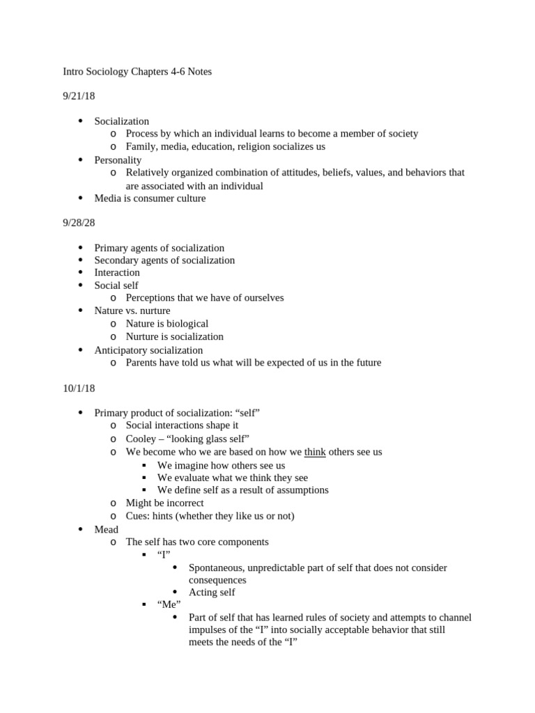 Intro Sociology Chapters 4-6 Notes | PDF | Socialization | Crimes