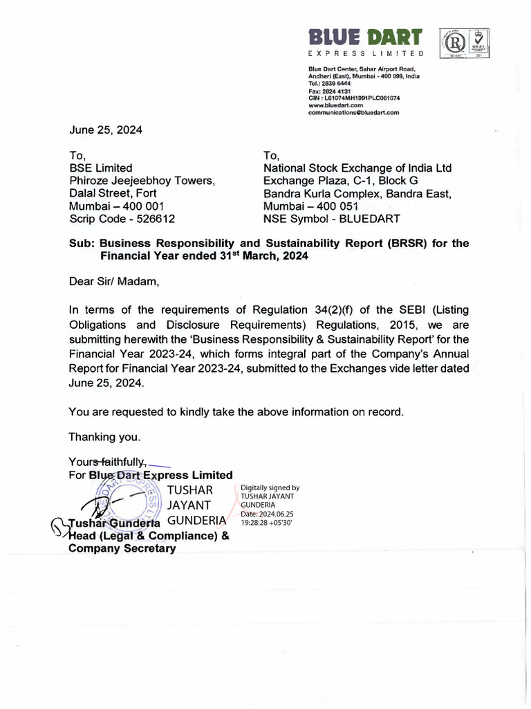 Bluedart 25062024195742 Seletterbrsr2506 | PDF | Corporate Social ...