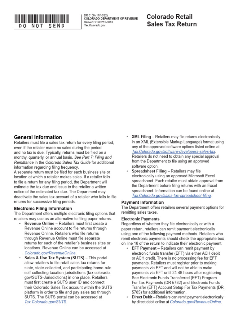 Main - Form dr0100 Colorado Retail Sales Tax Return Colorado | PDF ...