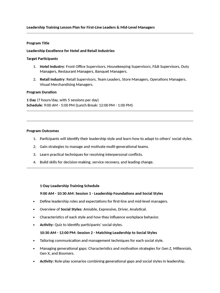 Leadership Training Lesson Plan 1 Day | PDF | Leadership | Motivational