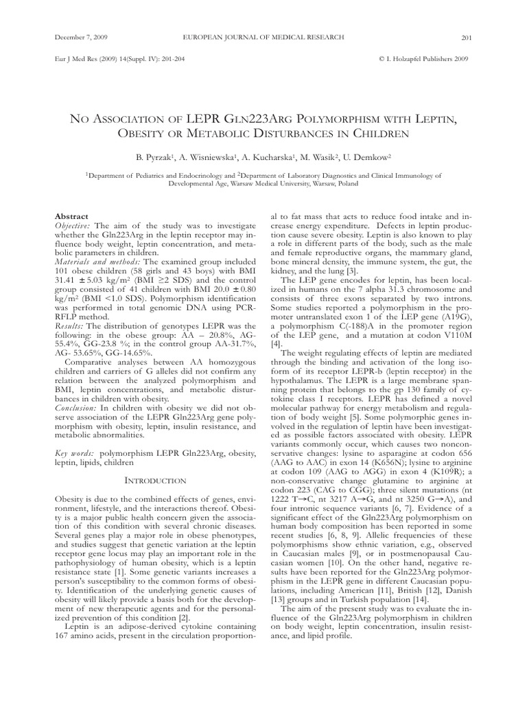 LEPR Gln223Arg Polymorphism in Obese Children | PDF | Leptin | Zygosity
