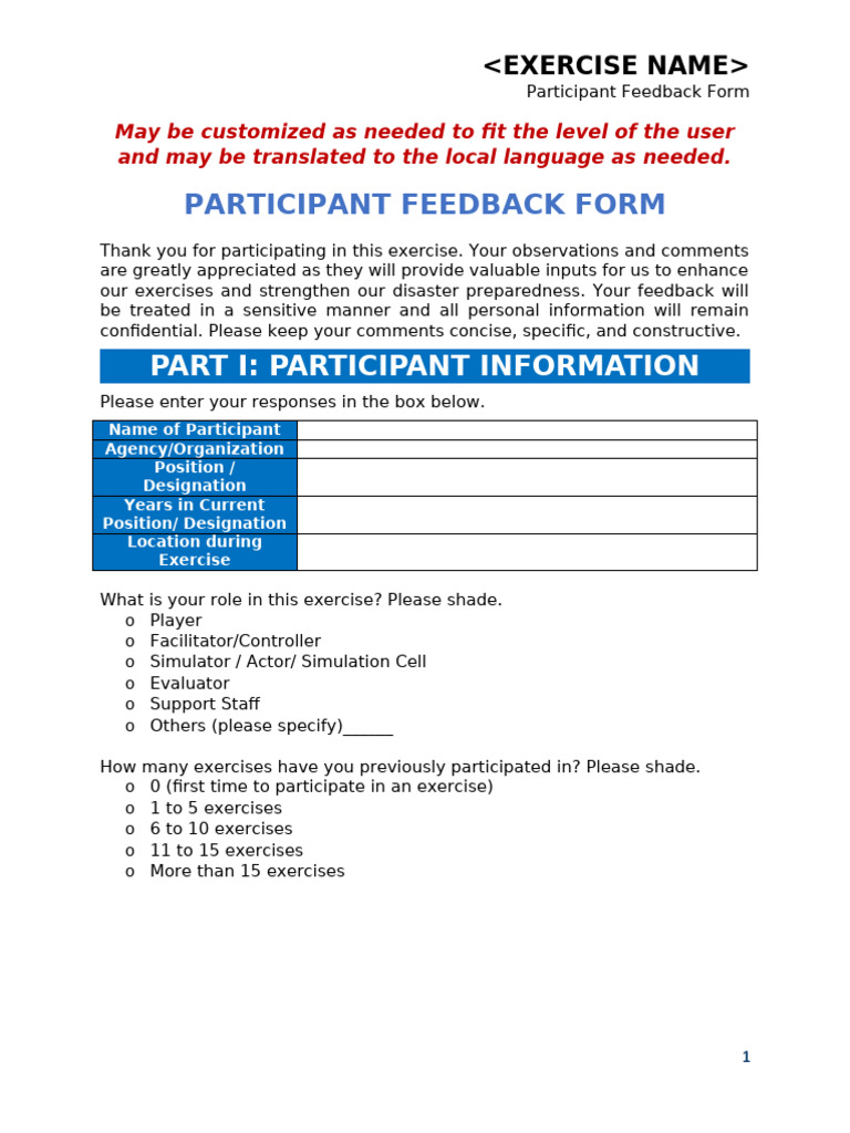 Annex B - Participant Feedback Form | PDF | Simulation