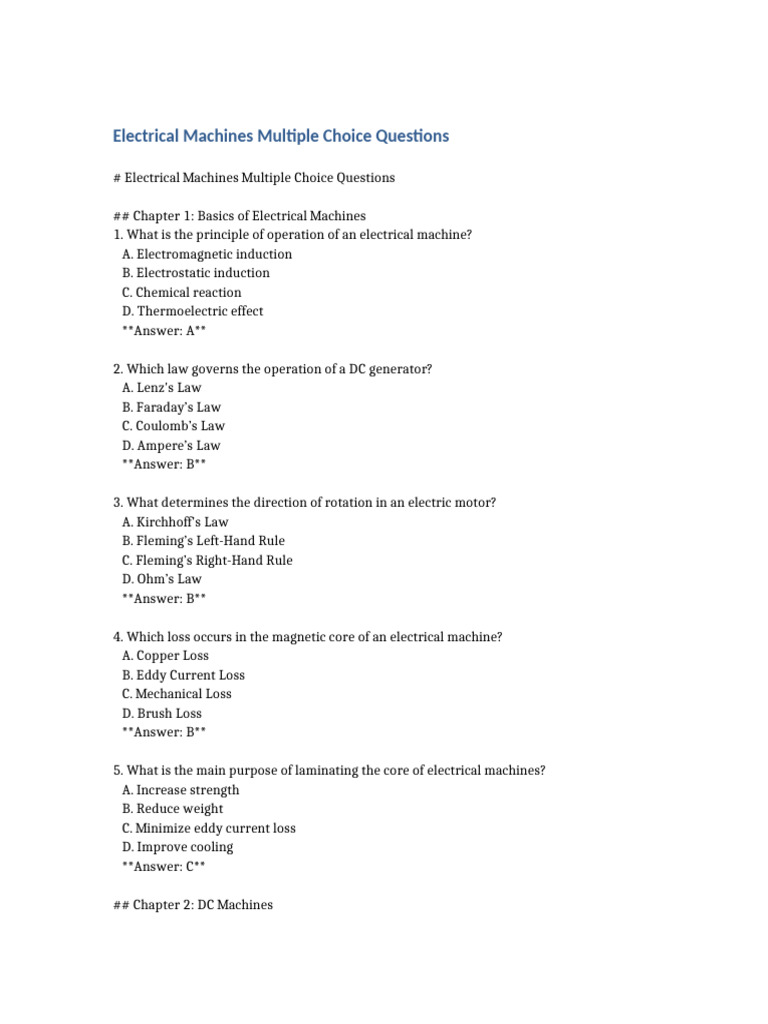 Electrical Machines MCQs with Answers | PDF | Electric Motor | Transformer