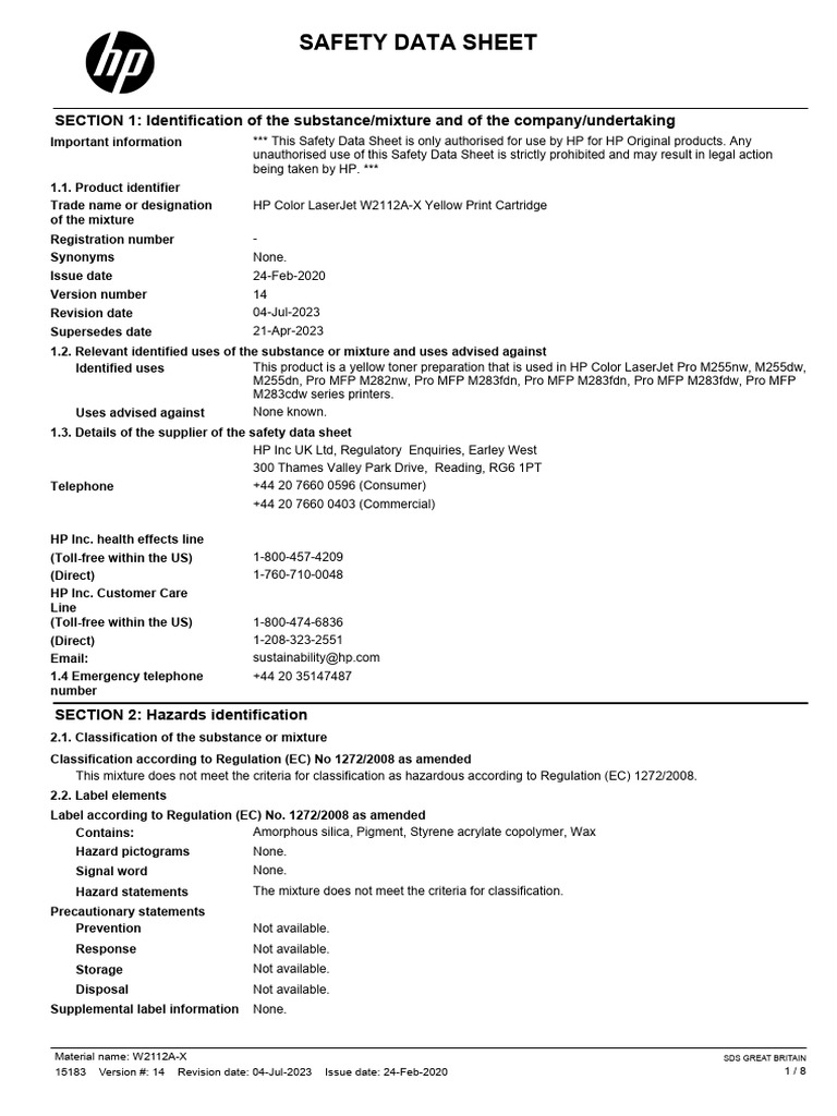 HP W2112A-X Yellow Toner SDS | PDF | Dangerous Goods | Toxicity