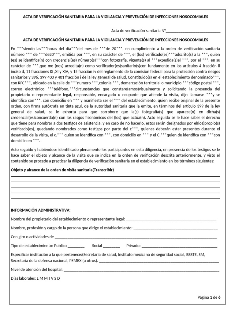 Acta Verificación Sanitaria para la Vigilancia Epidemiológica Nom 045 | PDF | Terapia ...