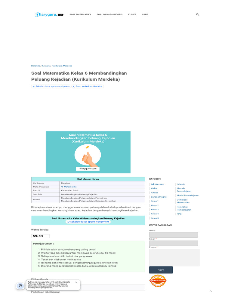 Soal Matematika Kelas 6 Membandingkan Peluang Kejadian (Kurikulum ...