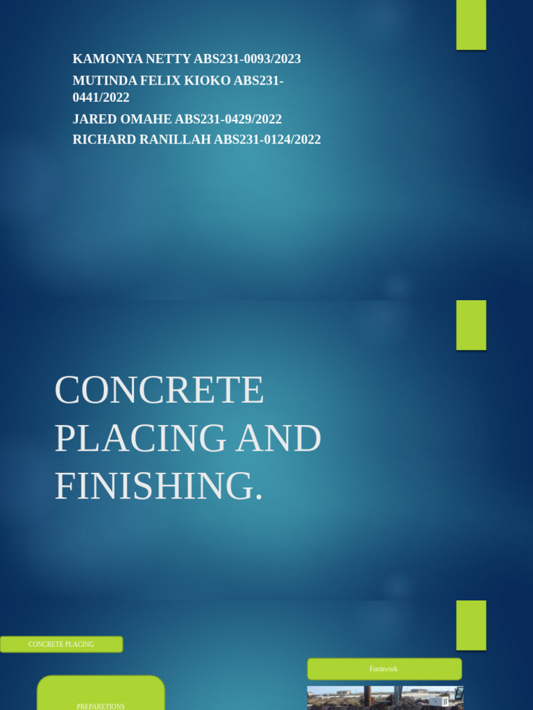 Concrete Placing and Finishing Guide | PDF | Concrete | Civil Engineering