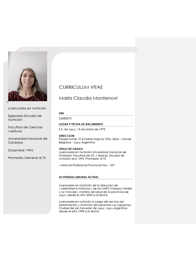 Curriculum Vitae Claudia Montenovi | PDF | Amamantamiento | Nutrición