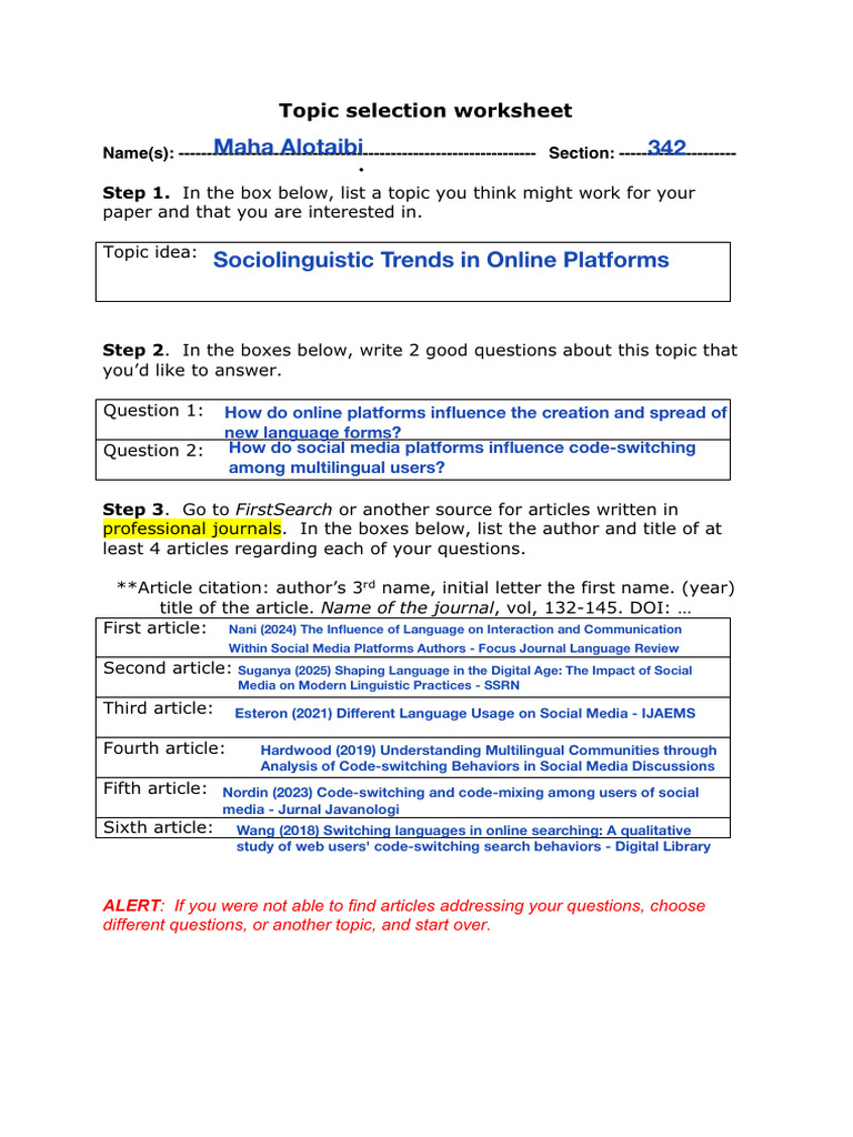 Topic Selection Worksheet - Maha Alotaibi 342 | PDF