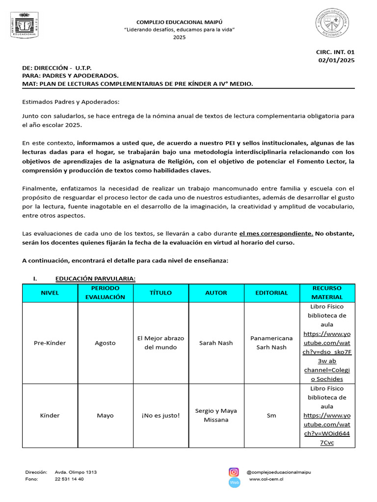 Circ. Int. 01 Plan de Lecturas Complementarias Institucional 2025 | PDF | Educación de la ...
