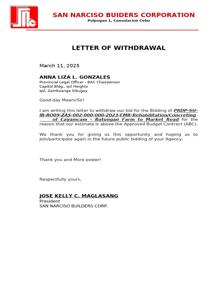 Withdrawal Letter - Naga | PDF