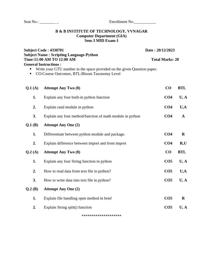 2023 Mid Exam-2 Paper 20 Dec 2023 | PDF