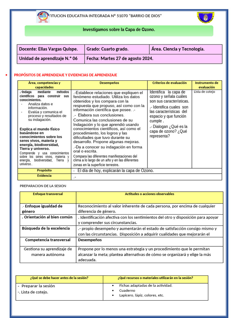 Sesion Cyt 27 Agosto Capa de Ozono 2024. 4° | PDF | Aprendizaje | Evaluación