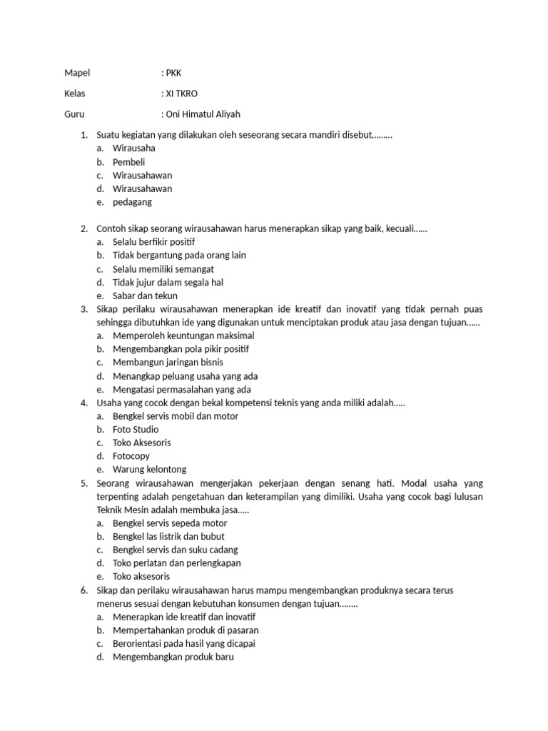 Soa PKK Xi TKR | PDF