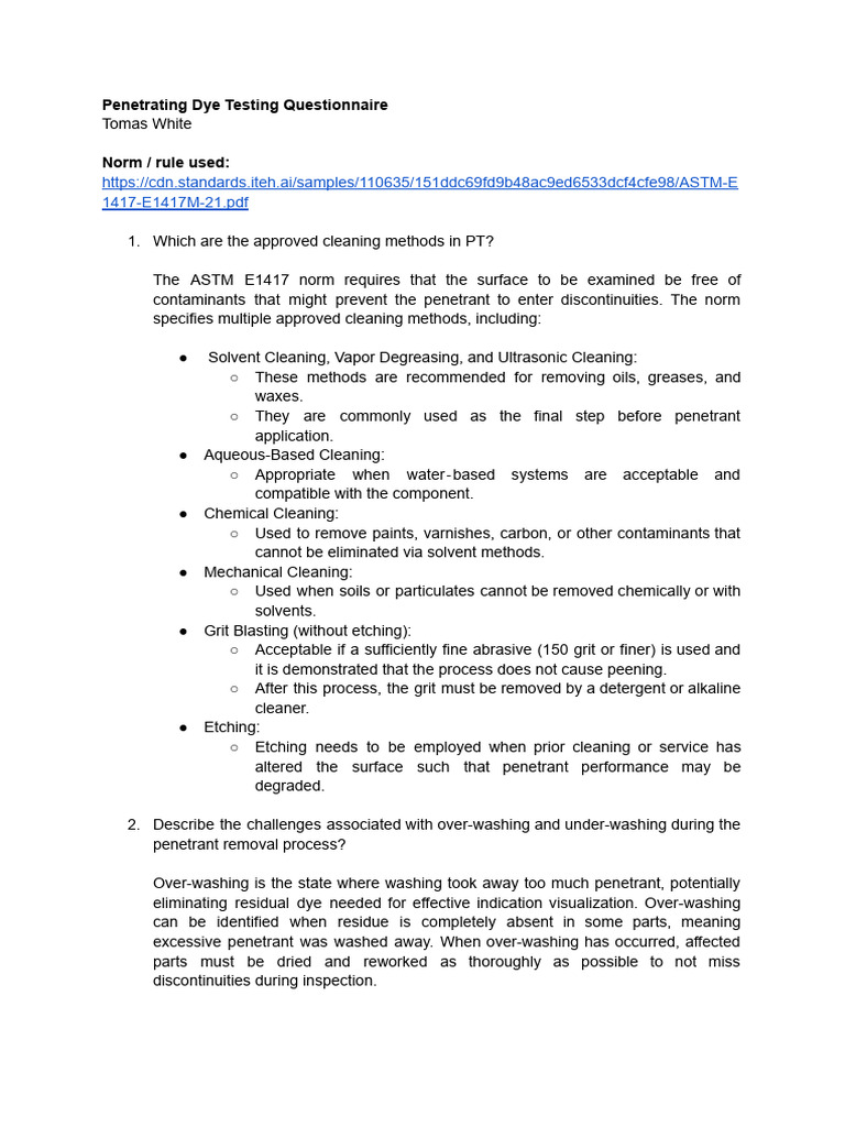 Penetrating Dye Testing Questionnaire - Tomas White | PDF | Ultraviolet