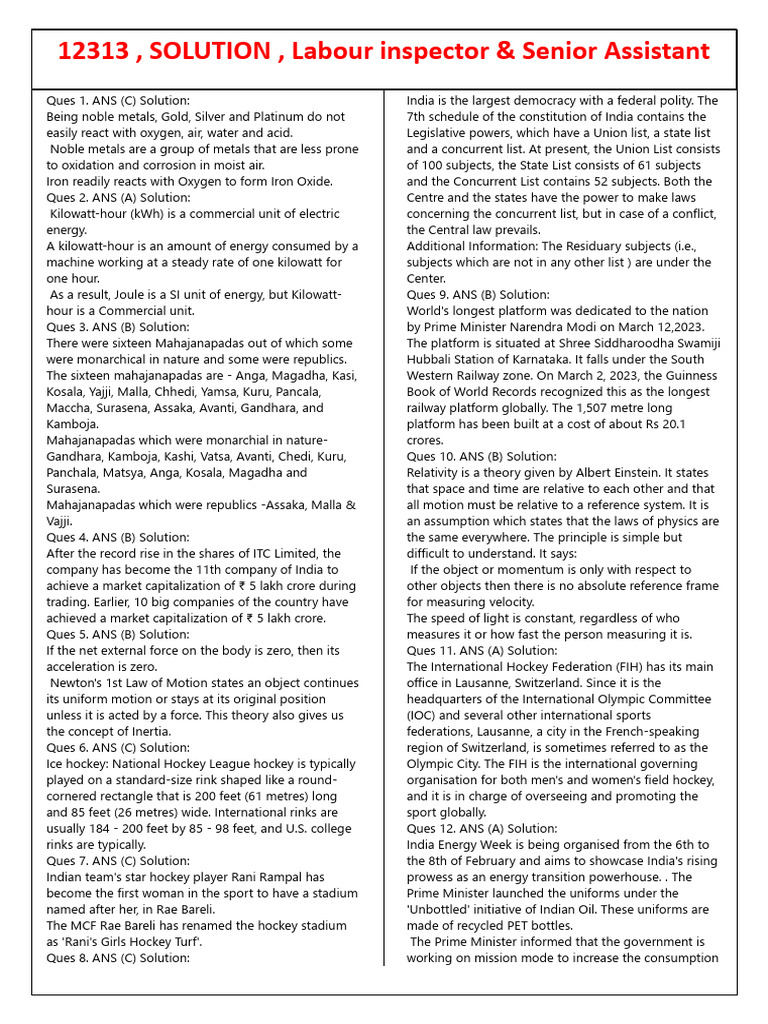 SOLUTION Labour Inspector & Senior Assistant | PDF