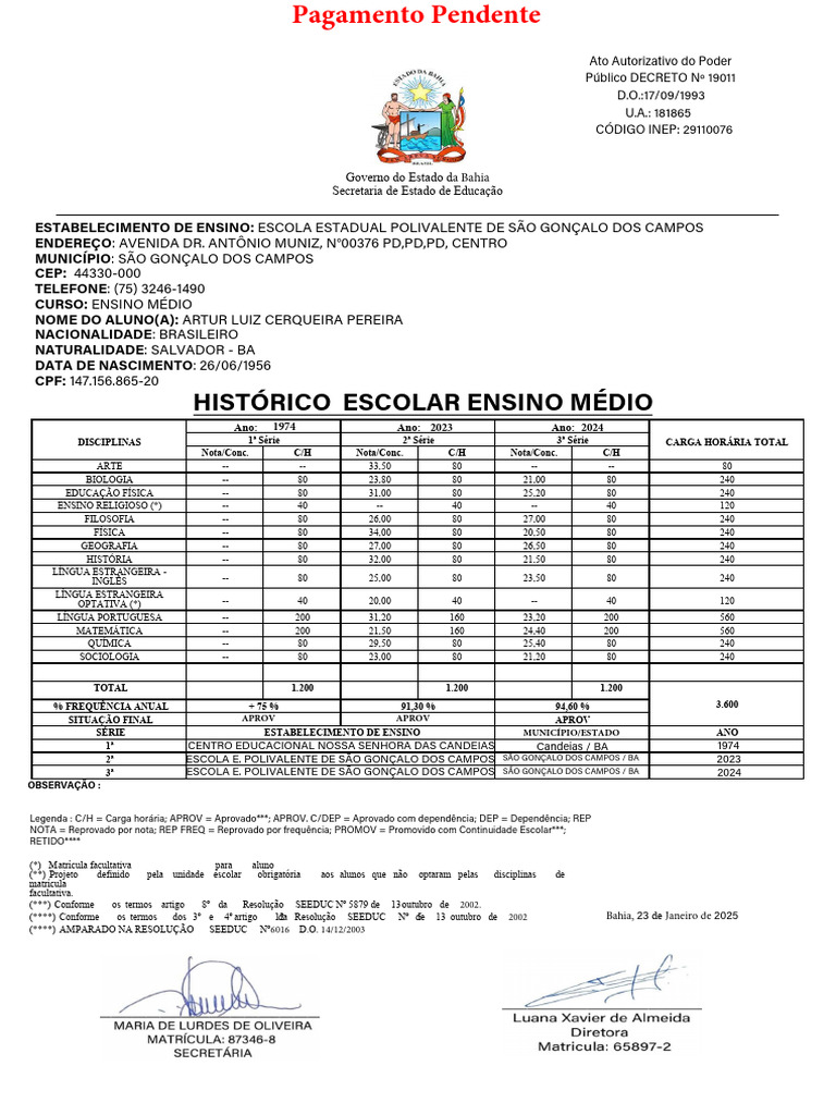 Histórico Escolar de Artur Luiz | PDF | Aprendizado