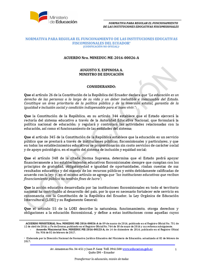 Acuerdo Mineduc Me 00026 A | PDF | Institución | Ecuador