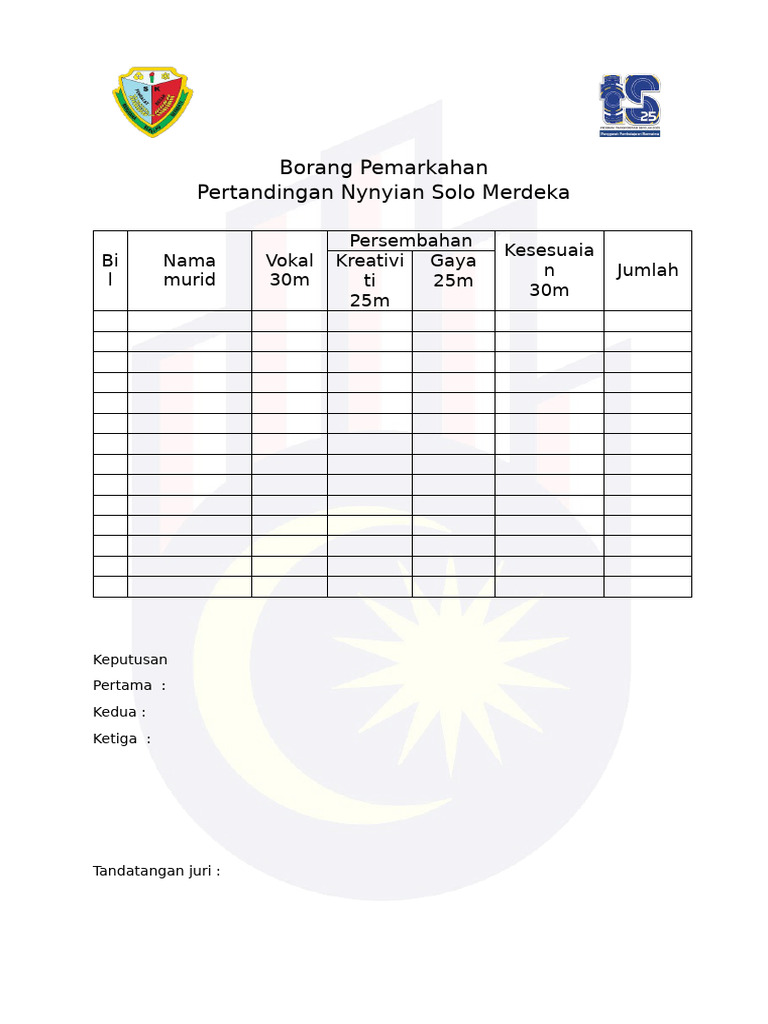 Borang Pemarkahan Lagu Merdeka | PDF
