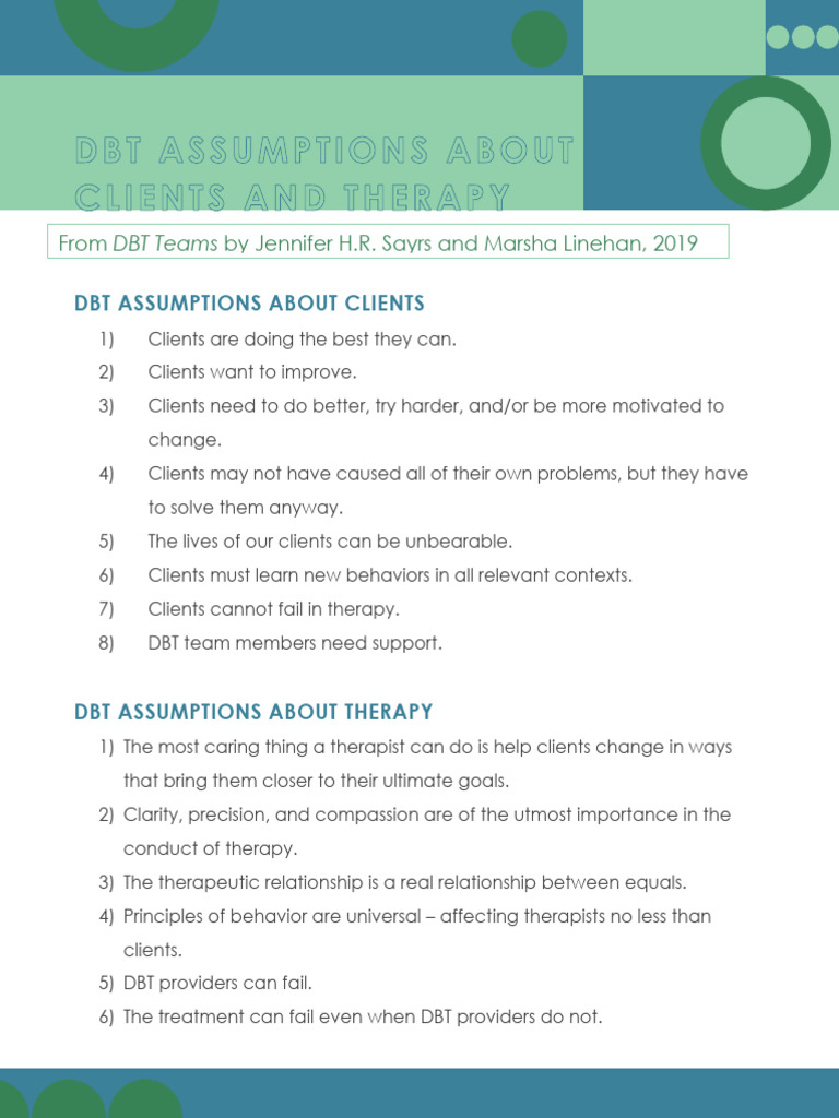 DBT Assumptions About Therapy and Clients Handout | PDF