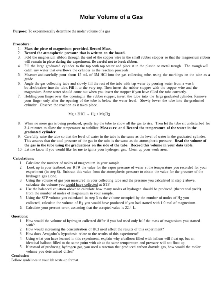 Molar Volume of Gas Experiment Guide | PDF | Mole (Unit) | Gases